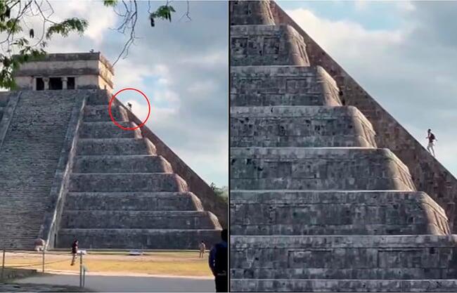 Un alemán sube al Castillo de Chichén Itzá durante fenómeno de Kukulcán ...